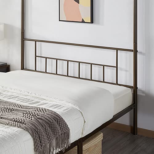 Topeakmart Bronze Four-Poster Canopy Metal Bed Frame with Headboard and Footboard Sturdy Slatted Structure No Box Spring Needed Queen Size