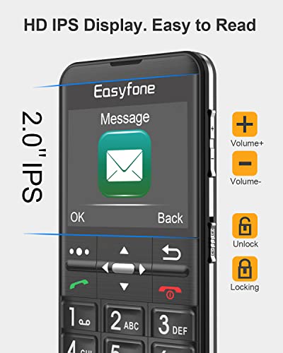 Easyfone Prime-A7 4G Big Button Cell Phone for Seniors | Easy-to-use | Clear Sound | 2.0'' HD Display | SOS Button w/GPS | Unlocked (T-Mobile & MVNOs) | 1500Mah Battery and Charging Dock (Black)