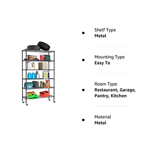 6 Tier Adjustable Metal Shelf Wire Shelving Unit Storage with Wheels 2100LBS Capacity 18" D x 48" W x 82" H for Restaurant Garage Pantry Kitchen Garage Rack,Black