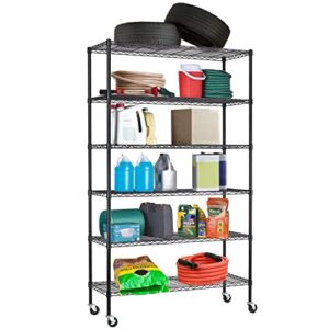 6 tier adjustable metal shelf wire shelving unit storage with wheels 2100lbs capacity 18" d x 48" w x 82" h for restaurant garage pantry kitchen garage rack,black