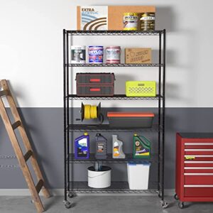 6 Tier Adjustable Metal Shelf Wire Shelving Unit Storage with Wheels 2100LBS Capacity 18" D x 48" W x 82" H for Restaurant Garage Pantry Kitchen Garage Rack,Black