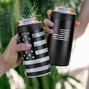 4-in-1 Slim Can Cooler Easy to Hold Insulated Beer Can Holder Double-walled Stainless Steel for All 12 Oz Cans (Black America Flag 2)