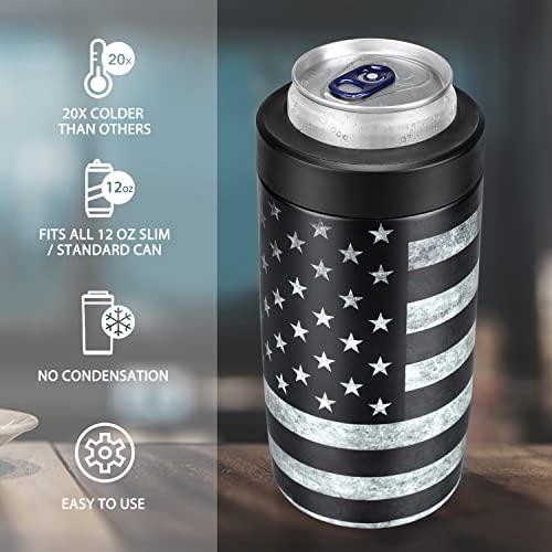 4-in-1 Slim Can Cooler Easy to Hold Insulated Beer Can Holder Double-walled Stainless Steel for All 12 Oz Cans (Black America Flag 2)