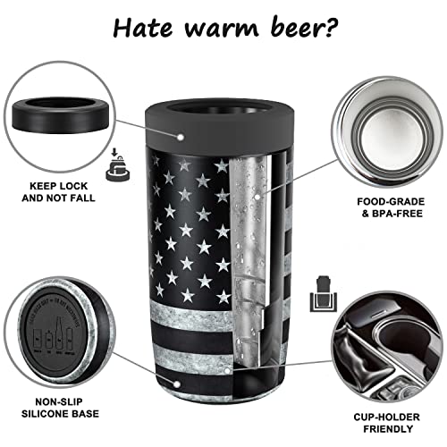 4-in-1 Slim Can Cooler Easy to Hold Insulated Beer Can Holder Double-walled Stainless Steel for All 12 Oz Cans (Black America Flag 2)