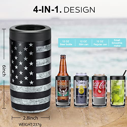 4-in-1 Slim Can Cooler Easy to Hold Insulated Beer Can Holder Double-walled Stainless Steel for All 12 Oz Cans (Black America Flag 2)