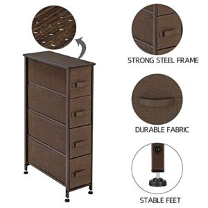 Kcelarec Narrow Dresser Tower with 4 Drawers,Vertical Storage for Bedroom, Bathroom, Laundry, Closets, and More, Steel Frame, Wood Top, Easy Pull Fabric Bins (Brown)