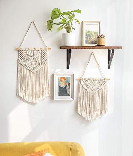 Mkono Macrame Wall Decor 4 Piece Set, 2 Pcs Macrame Wall Hanging Art Boho Wall Decor and 2 Pcs Hanging Shelves Wood Floating Storage Shelf for Bedroom Bathroom Living Room Nursery Dorm Room