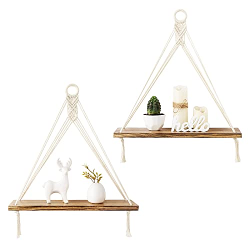 Mkono Macrame Wall Decor 4 Piece Set, 2 Pcs Macrame Wall Hanging Art Boho Wall Decor and 2 Pcs Hanging Shelves Wood Floating Storage Shelf for Bedroom Bathroom Living Room Nursery Dorm Room