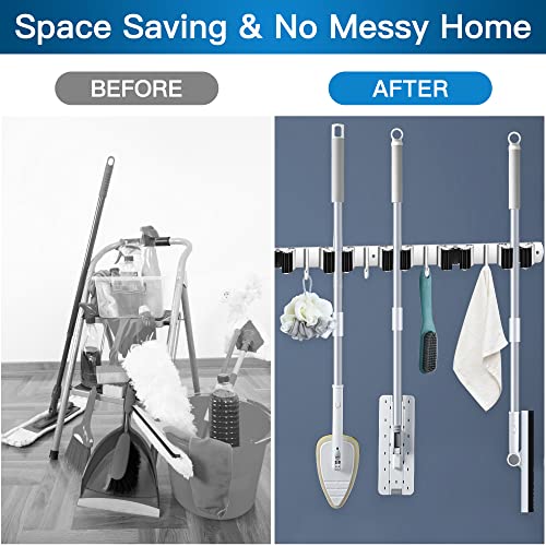 romise Broom Holder Wall Mount Mop and Broom Holder Wall Mount & Self Adhesive - Garage Storage Rack & Garden Tool Organizer for Home Laundry Pantry Kitchen Organization (5 Positions with 4 Hooks)