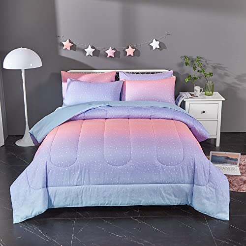 ALAOOKKA Rainbow Comforter Set for Teen Girls Women,Twin Size 4 Piece Bed in A Bag,Metallic Printed Glitter Comforter and Sheets,Ultra Soft Microfiber All Season Bedding Set(Twin,Blue)