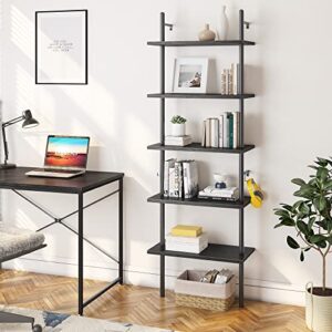 bestier 70" ladder shelf wall mounted industrial 5 tier bookshelf plant flower shelf with round metal tube 2 hooks for wall storage display in home office,kitchen,bathroom,black