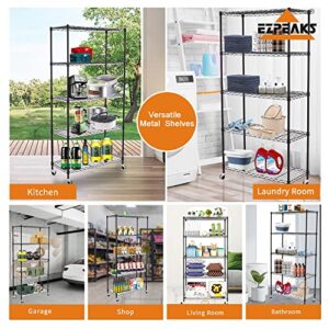 EZPEAKS 5-Shelf Shelving Units and Storage on Wheels with Shelf Liners Set of 5, NSF Certified, Adjustable Carbon Steel Wire Shelving Unit Rack for Garage, Kitchen, Office(63H X 30W X 14D)