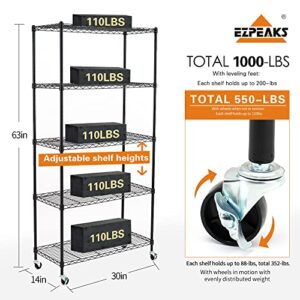 EZPEAKS 5-Shelf Shelving Units and Storage on Wheels with Shelf Liners Set of 5, NSF Certified, Adjustable Carbon Steel Wire Shelving Unit Rack for Garage, Kitchen, Office(63H X 30W X 14D)