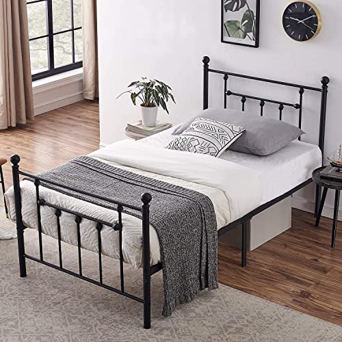 VECELO Twin Size Metal Platform Bed Frame with Headboard and Footboard, Sturdy Steel Slat Support/No Box Spring Needed Mattress Foundation/Easy Assemble，Victorian Style,Matte Black