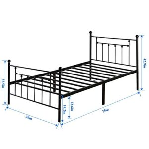 VECELO Twin Size Metal Platform Bed Frame with Headboard and Footboard, Sturdy Steel Slat Support/No Box Spring Needed Mattress Foundation/Easy Assemble，Victorian Style,Matte Black