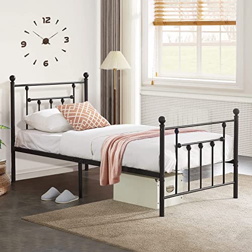 VECELO Twin Size Metal Platform Bed Frame with Headboard and Footboard, Sturdy Steel Slat Support/No Box Spring Needed Mattress Foundation/Easy Assemble，Victorian Style,Matte Black