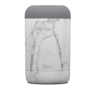 ello stainless steel can koozie | inuslated can cooler keeps 12oz, 16oz, slim cans, and glass bottles cold | metal drink holder perfect for beer, soda, and hard seltzer, white marble