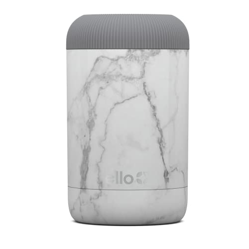 Ello Stainless Steel Can Koozie | Inuslated Can Cooler Keeps 12oz, 16oz, Slim Cans, and Glass Bottles Cold | Metal Drink Holder Perfect for Beer, Soda, and Hard Seltzer, White Marble