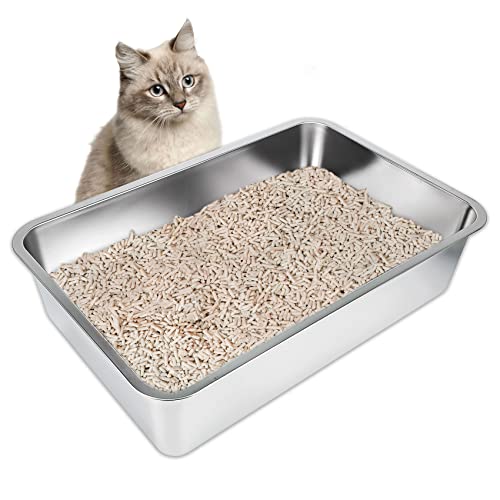 IKITCHEN Stainless Steel Cat Litter Box, Large Metal Litter Box for Cats Rabbits Never Absorbs Odors Anti-Slip Rubber Bottom (Silver, 23.5" x 15.5" x 6")