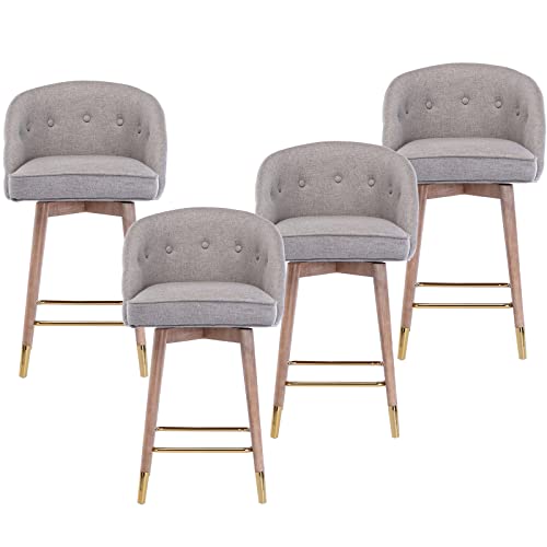 Guyou 360 Degree Swivel Counter Height Bar Stools with Tufted Back Set of 4, Mid-Century Modern Fabric Kitchen Island Chair Stools with Wood Legs and Gold Footrest for Home Bar Dining Room(Grey)