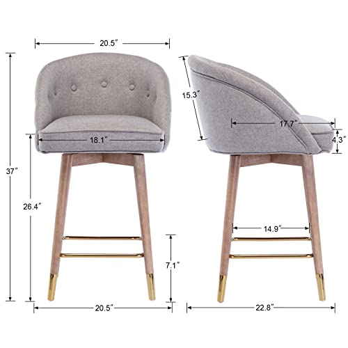 Guyou 360 Degree Swivel Counter Height Bar Stools with Tufted Back Set of 4, Mid-Century Modern Fabric Kitchen Island Chair Stools with Wood Legs and Gold Footrest for Home Bar Dining Room(Grey)