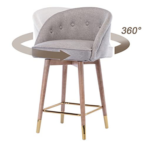 Guyou 360 Degree Swivel Counter Height Bar Stools with Tufted Back Set of 4, Mid-Century Modern Fabric Kitchen Island Chair Stools with Wood Legs and Gold Footrest for Home Bar Dining Room(Grey)