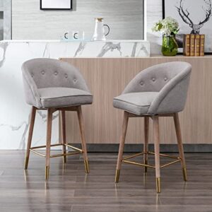 Guyou 360 Degree Swivel Counter Height Bar Stools with Tufted Back Set of 4, Mid-Century Modern Fabric Kitchen Island Chair Stools with Wood Legs and Gold Footrest for Home Bar Dining Room(Grey)