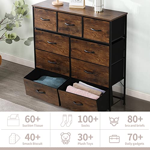 HOMHUM 9 Drawers Dresser, Fabric Closet Organizers and Storage, Tall Dressers for Bedroom, Office Organization, Brown