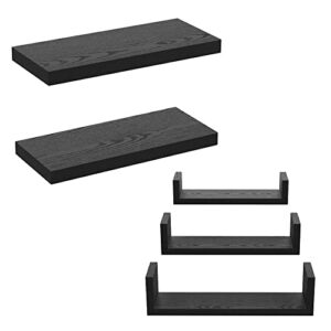 bundled black floating shelves of greendew wall shelves invisible mounted (set of 2) and u-shaped decor shelves (set of 3) for living room, bedroom, bathroom, kitchen, office storage