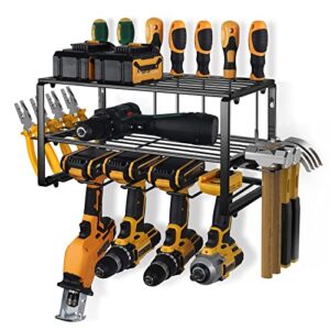 amoowis power tool organizer, drill holder wall mount, heavy duty tool holder, power tool storage rack, cordless tool organizer, garage organization and storage, utility racks tool shelf with hangers