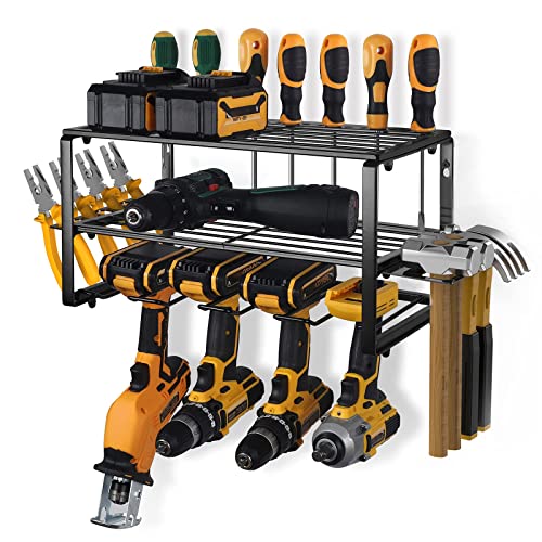 Amoowis Power Tool Organizer, Drill Holder Wall Mount, Heavy Duty Tool Holder, Power Tool Storage Rack, Cordless Tool Organizer, Garage Organization and Storage, Utility Racks Tool Shelf with Hangers