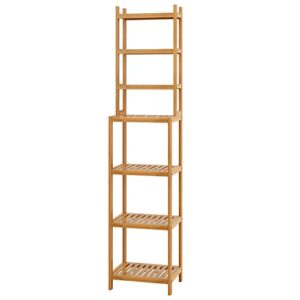 somy 7-tier bamboo bathroom shelf, free standing storage organizer rack, multifunctional wood corner shelf standing rack units for living room, bathroom, kitchen, natural, 14l*11w*63h in