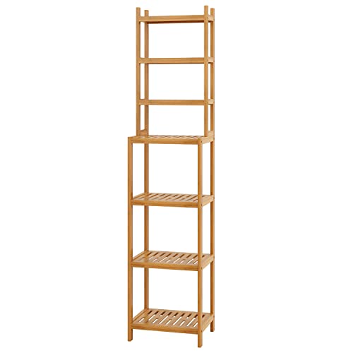 SOMY 7-Tier Bamboo Bathroom Shelf, Free Standing Storage Organizer Rack, Multifunctional Wood Corner Shelf Standing Rack Units for Living Room, Bathroom, Kitchen, Natural, 14L*11W*63H in