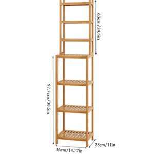 SOMY 7-Tier Bamboo Bathroom Shelf, Free Standing Storage Organizer Rack, Multifunctional Wood Corner Shelf Standing Rack Units for Living Room, Bathroom, Kitchen, Natural, 14L*11W*63H in