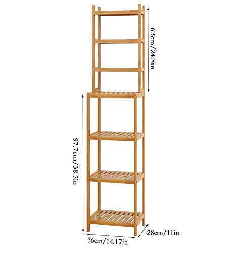 SOMY 7-Tier Bamboo Bathroom Shelf, Free Standing Storage Organizer Rack, Multifunctional Wood Corner Shelf Standing Rack Units for Living Room, Bathroom, Kitchen, Natural, 14L*11W*63H in