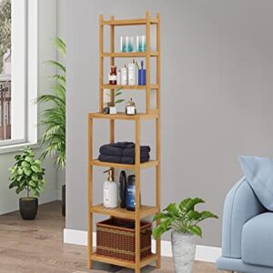 SOMY 7-Tier Bamboo Bathroom Shelf, Free Standing Storage Organizer Rack, Multifunctional Wood Corner Shelf Standing Rack Units for Living Room, Bathroom, Kitchen, Natural, 14L*11W*63H in