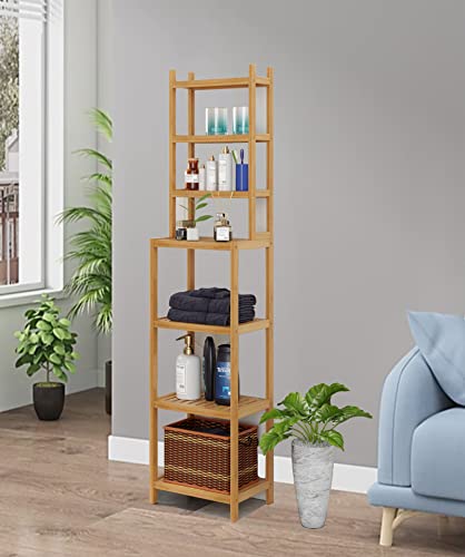 SOMY 7-Tier Bamboo Bathroom Shelf, Free Standing Storage Organizer Rack, Multifunctional Wood Corner Shelf Standing Rack Units for Living Room, Bathroom, Kitchen, Natural, 14L*11W*63H in