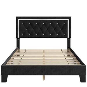 HITHOS Queen Bed Frame, Upholstered Platform Bed Frame with Modern Adjustable Headboard, Diamond Tufted Mattress Foundation with Wooden Slat Support, No Box Spring Needed, Easy Assembly (Queen, Black)