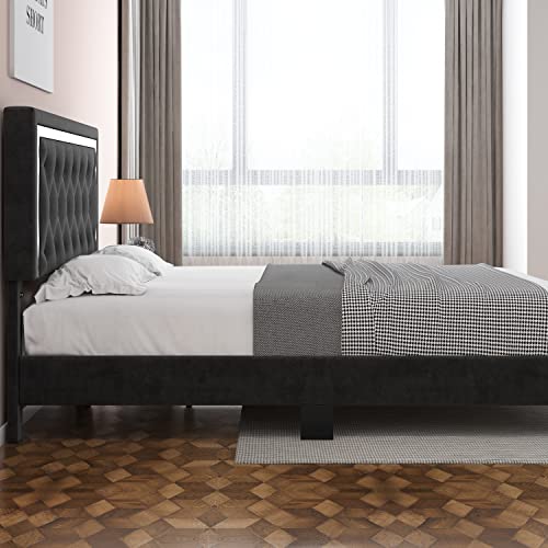 HITHOS Queen Bed Frame, Upholstered Platform Bed Frame with Modern Adjustable Headboard, Diamond Tufted Mattress Foundation with Wooden Slat Support, No Box Spring Needed, Easy Assembly (Queen, Black)