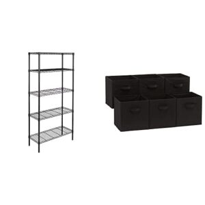 amazon basics 5-shelf storage unit with height adjustable shelves and foldable storage cubes (6 pack), black