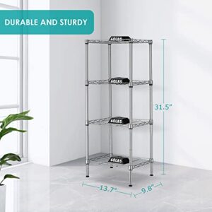 BNSPLY 4 Tier Wire Shelving Unit, Height Adjustable Wire Shelves with 264 LBS Capacity, Metal Storage Rack Organizer for Laundry, Kitchen, Bathroom, Pantry, Closet (9.8"D x 13.7"W x 31.5"H, Silver)