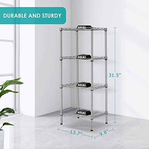 BNSPLY 4 Tier Wire Shelving Unit, Height Adjustable Wire Shelves with 264 LBS Capacity, Metal Storage Rack Organizer for Laundry, Kitchen, Bathroom, Pantry, Closet (9.8"D x 13.7"W x 31.5"H, Silver)