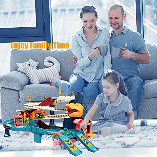 Toy Car Ramp Track Dinosaur Climbing Hills Railcar Colorful Vehicles Construction Play Set with 12 Mini Racer Cars and Track for Preschool Gifts Kids Ages 3 Years and Older (Dinosaur Hill)