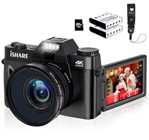 ishare digital camera for photography 48mp vlogging camera, 4k video camera for youtube with wifi, 3.0 inch flip screen, 16x digital zoom camcorder with 32gb micro card