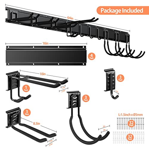 14 PCS Tool Storage Rack, 64 Inches Adjustable Garage Tool Organizer Wall Mounted Storage System with 10 Hooks, Super Heavy Duty Steel Garden Tool Organizer Wall Holders