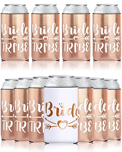 Bachelorette Party Decorations-1 White Bride Wedding Can Cooler and 10 Rose Gold Bride Tribe Can Coolers Bachelorette Party Supplies for Wedding,Bridal Shower Party, Bride Tribe Gifts (11pcs)