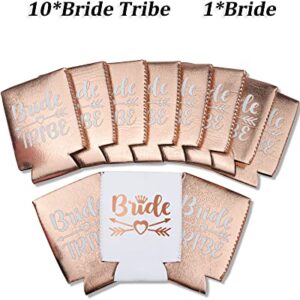 Bachelorette Party Decorations-1 White Bride Wedding Can Cooler and 10 Rose Gold Bride Tribe Can Coolers Bachelorette Party Supplies for Wedding,Bridal Shower Party, Bride Tribe Gifts (11pcs)