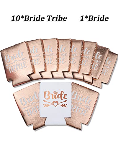 Bachelorette Party Decorations-1 White Bride Wedding Can Cooler and 10 Rose Gold Bride Tribe Can Coolers Bachelorette Party Supplies for Wedding,Bridal Shower Party, Bride Tribe Gifts (11pcs)