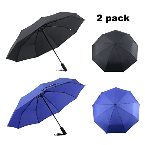 SY COMPACT Travel Umbrella 2 PACKS Automatic Windproof Folding Compact Umbrellas (Black + Blue)