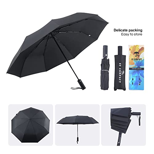 SY COMPACT Travel Umbrella 2 PACKS Automatic Windproof Folding Compact Umbrellas (Black + Blue)